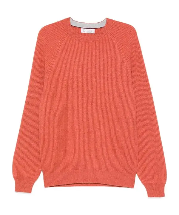 Brunello Cucinelli Crew Neck Ribbed Sweater - Orange