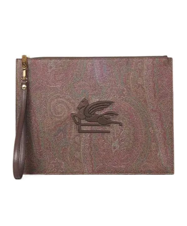 Etro Paisley Jacquard Zipped Clutch Bag With Embroidered Logo - Brown