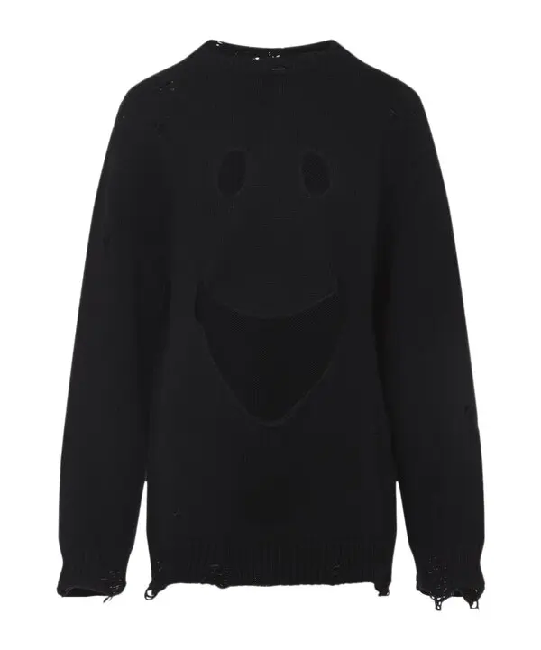 Moschino Long Sleeve Distressed Knit Sweater - Black