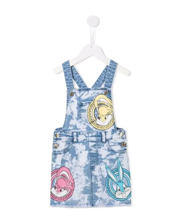 Monnalisa Cartoon Print Denim Pinafore Dress - Blue