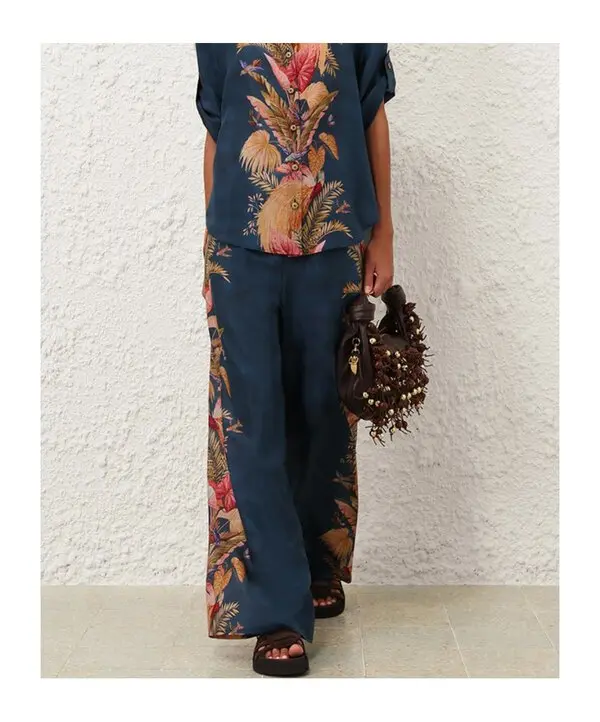 Zimmermann Ascension Relaxed Wide Leg Printed Pants - Dark Blue