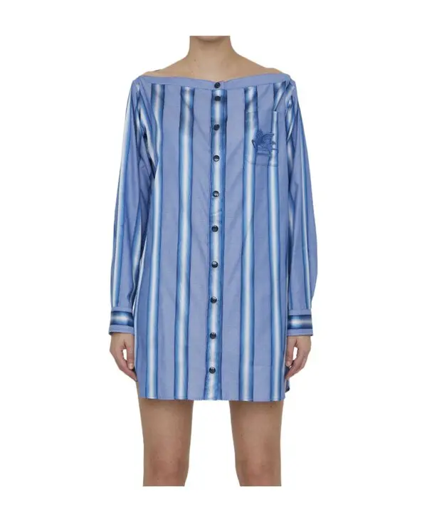 Etro Boat Neck Striped Shirt Dress - Light Blue
