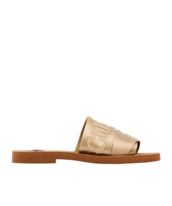 Chloé Woody Mules In Satin With Logo Embroidery - Light Sand