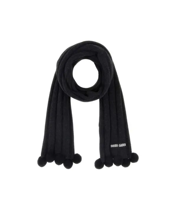 Miu Miu Pompom Trim Scarf - Black