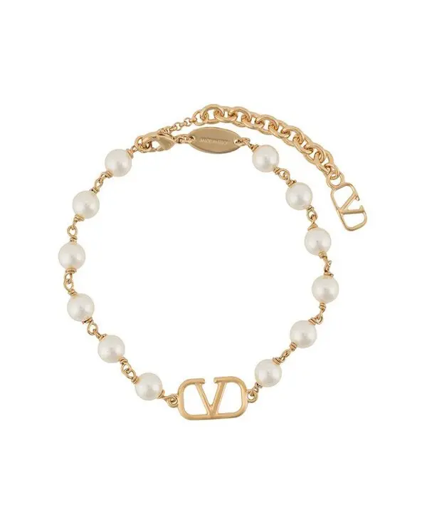 Valentino Garavani Vlogo Signature Charm Detailed Bracelet With Faux Pearls - Golden
