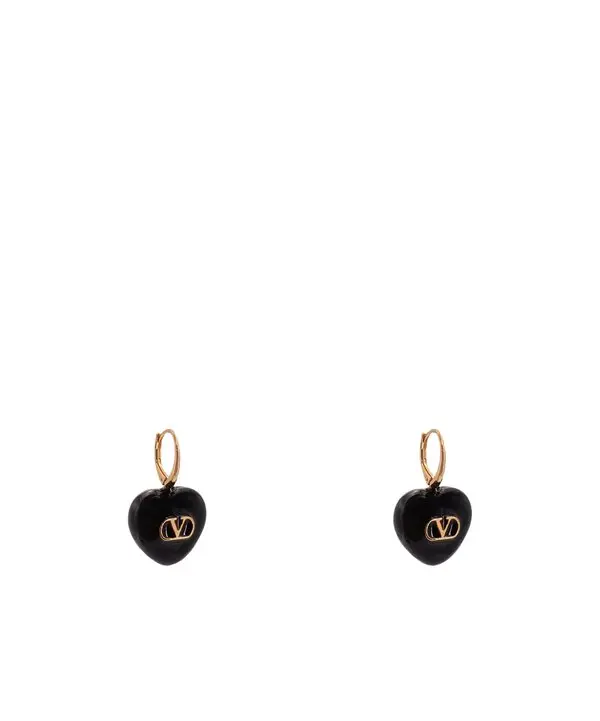 Valentino Garavani V Logo Heart Pendant Earrings - Black