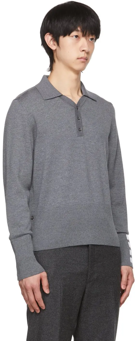 Thom Browne 4-bar Long-sleeved Knitted Polo Shirt - Medium Gray