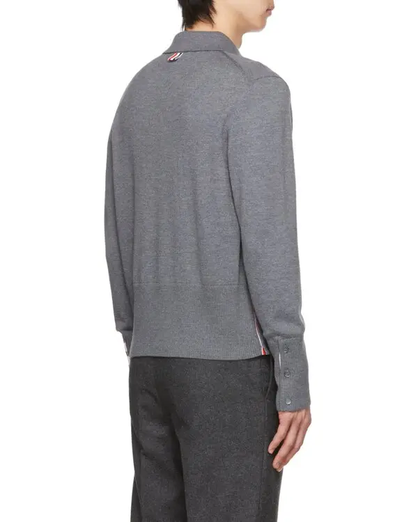 Thom Browne 4-bar Long-sleeved Knitted Polo Shirt - Medium Gray