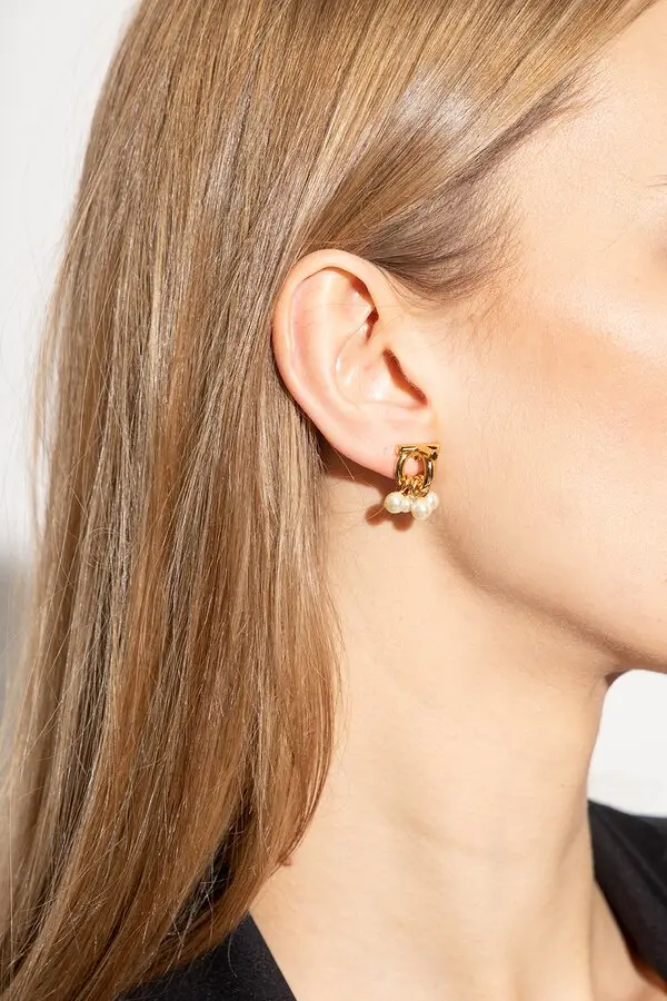 FERRAGAMO Gold Tone Logo And Pearl Earrings
