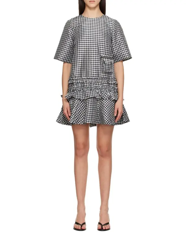 GANNI Checked Mini Dress With Ruffled Hem