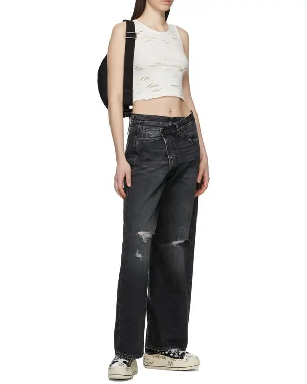 R13 Distressed Cropped Tank Top With Cut-out Details - Black