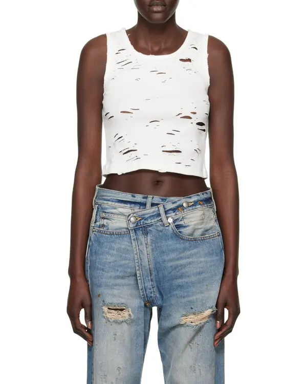 R13 Distressed Cropped Tank Top With Cut-out Details - Black
