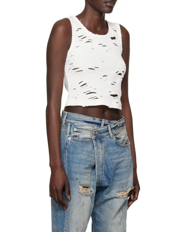 R13 Distressed Cropped Tank Top With Cut-out Details - Black