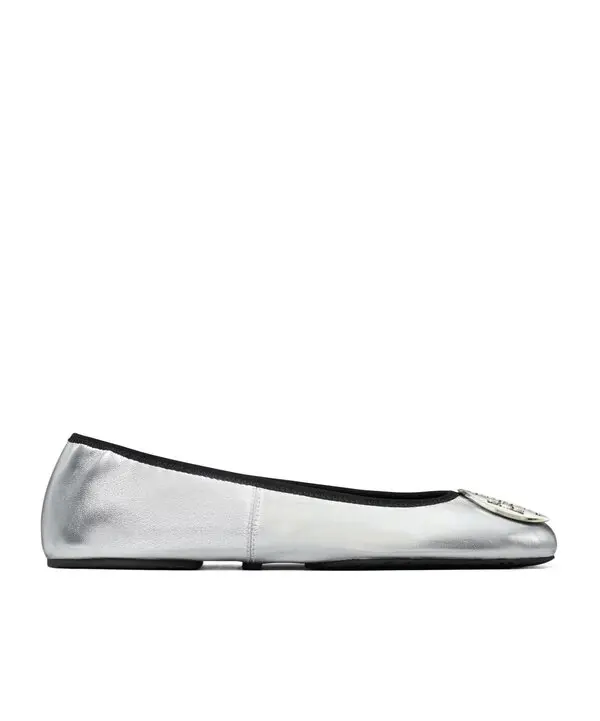 Tory Burch Reva Ballet Flats With Metal Logo Detail - Silver/silver