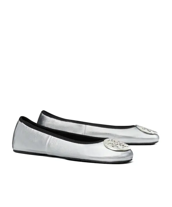 Tory Burch Reva Ballet Flats With Metal Logo Detail - Silver/silver