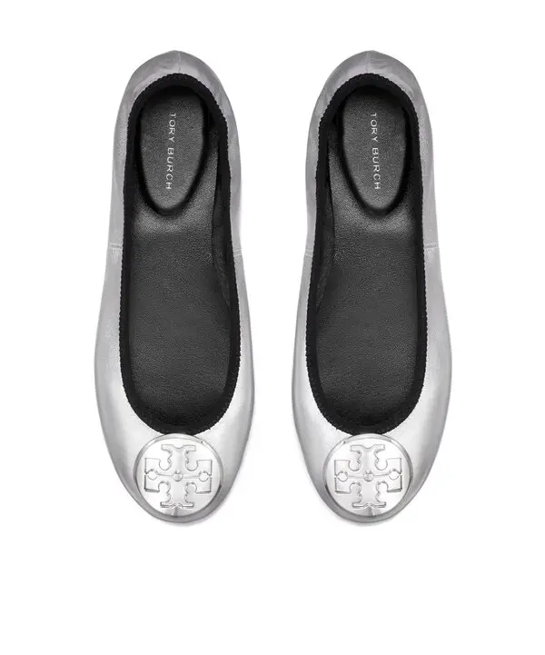 Tory Burch Reva Ballet Flats With Metal Logo Detail - Silver/silver
