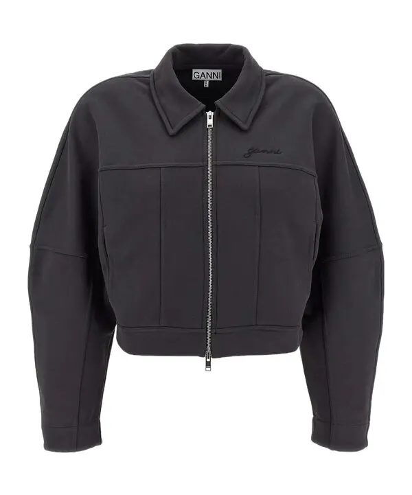 GANNI Logo Embroidered Cropped Jacket - Grey