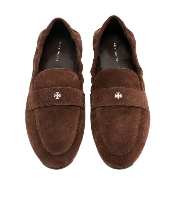 Tory Burch Suede Ballet Loafers With Gold Emblem - Brown
