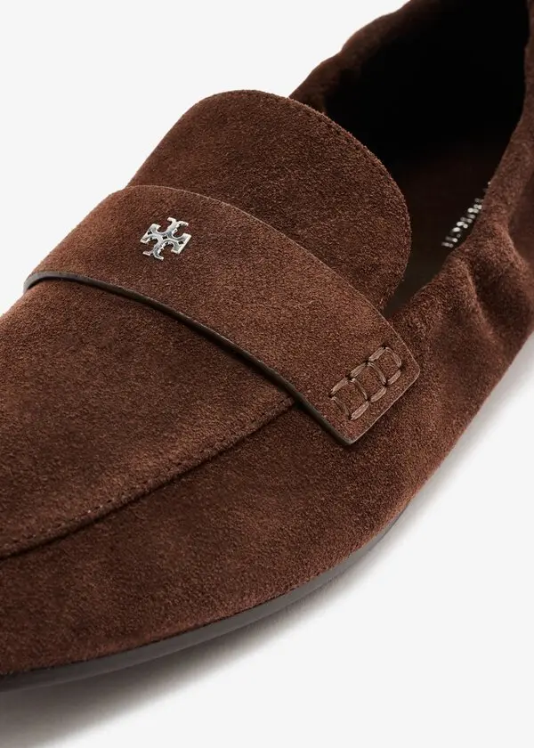 Tory Burch Suede Ballet Loafers With Gold Emblem - Brown
