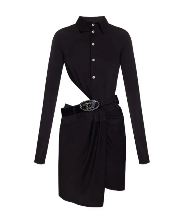 DIESEL® Asymmetrical Long Sleeve Dress With Belt - Black