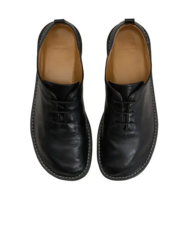 AMI Paris Round Toe Lace-up Flat Shoes - Black