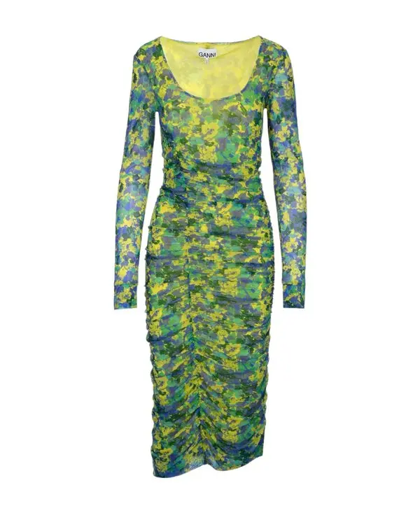 GANNI Sulphur Spring Ruched Mesh Dress