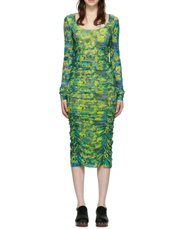 GANNI Sulphur Spring Ruched Mesh Dress