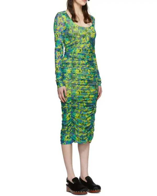 GANNI Sulphur Spring Ruched Mesh Dress