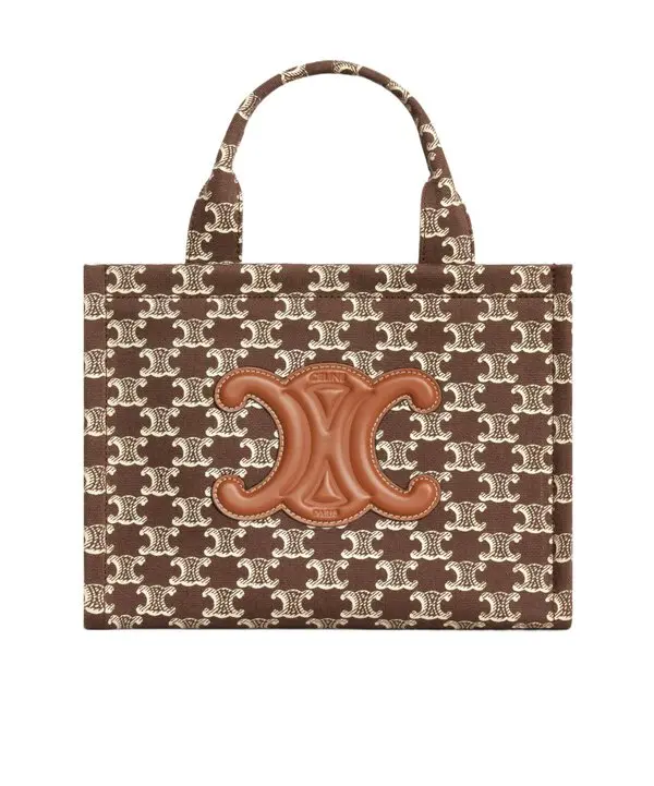 Celine Small Cabas Thais In Textile With Triomphe Canvas Print And Calfskin - Brown