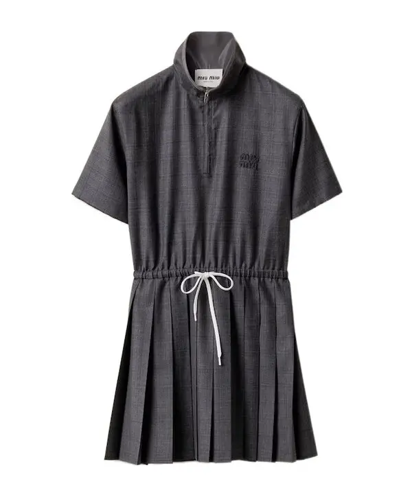 Miu Miu Prince Of Wales Pleated Short Dress - Slate Grey