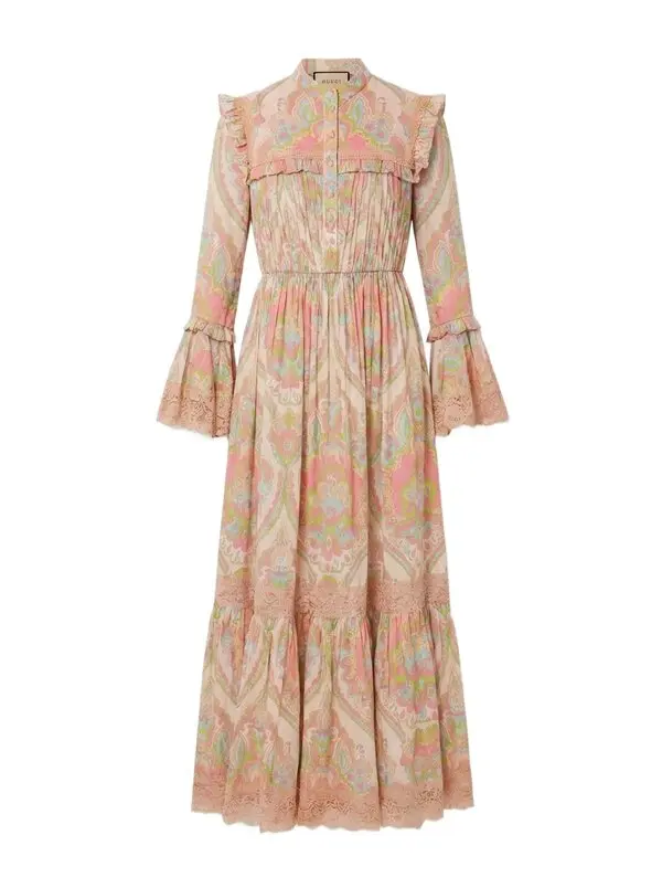 Gucci Floral Print Ruffled Long-sleeved Maxi Dress - Nude
