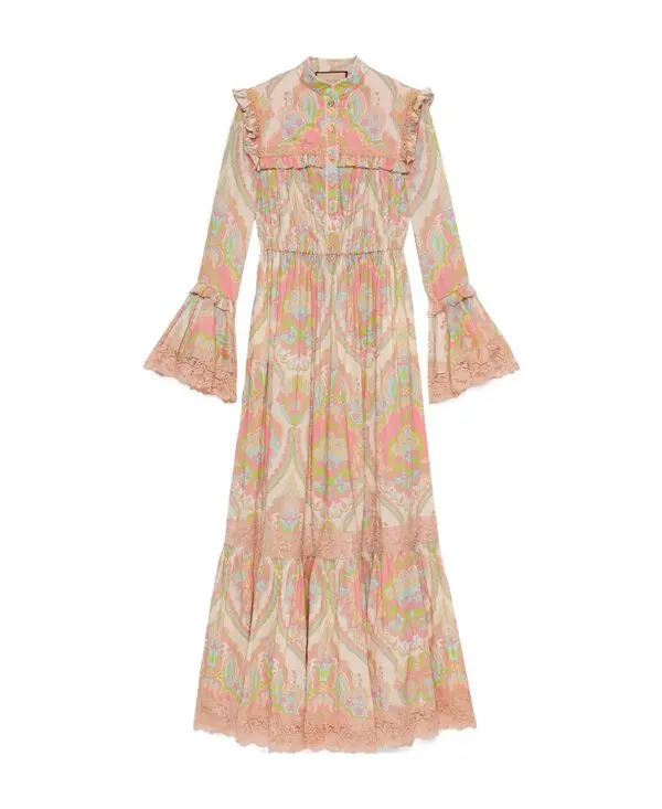 Gucci Floral Print Ruffled Long-sleeved Maxi Dress - Nude