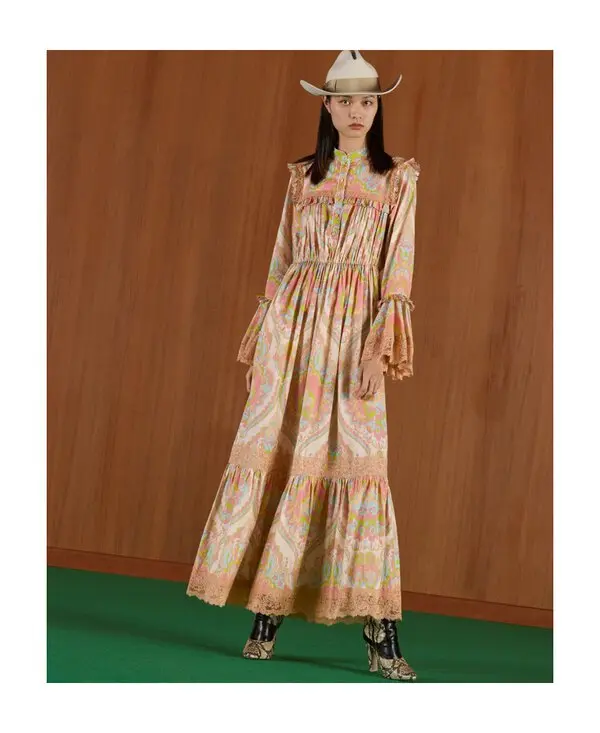Gucci Floral Print Ruffled Long-sleeved Maxi Dress - Nude
