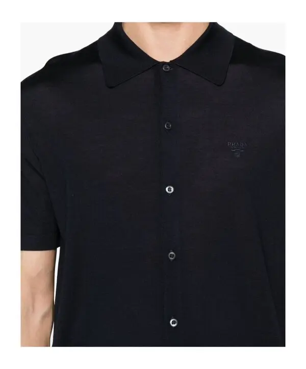 Prada Logo-embroidered Short-sleeved Knitted Shirt - Blue