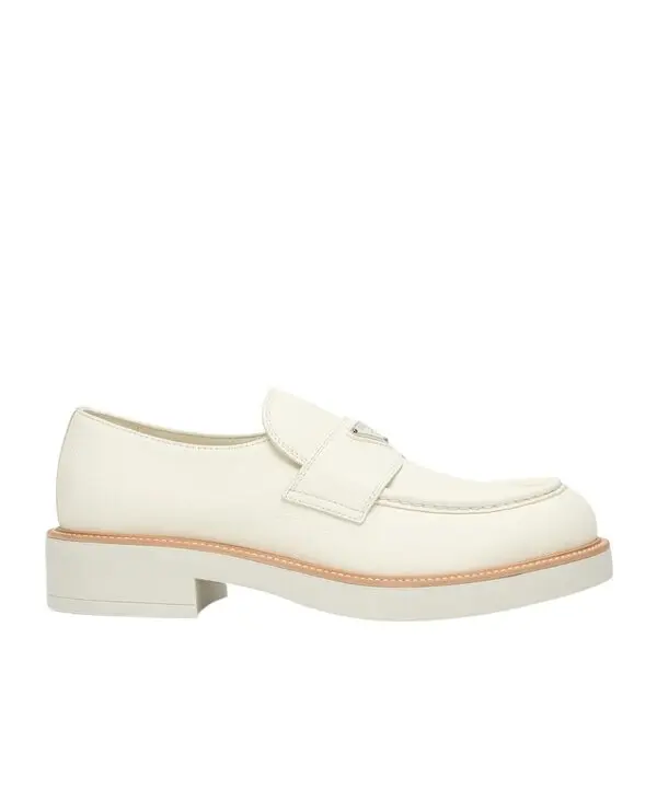 Prada Round Toe Loafers With Logo Detail - Ivory