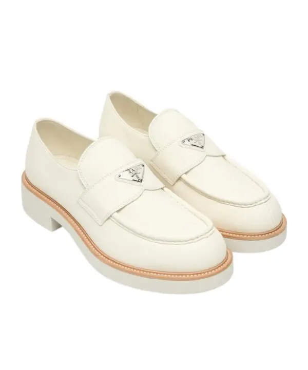 Prada Round Toe Loafers With Logo Detail - Ivory