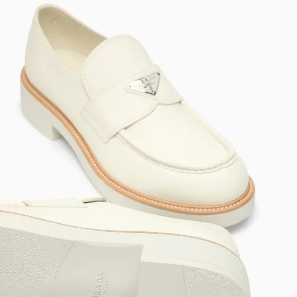 Prada Round Toe Loafers With Logo Detail - Ivory