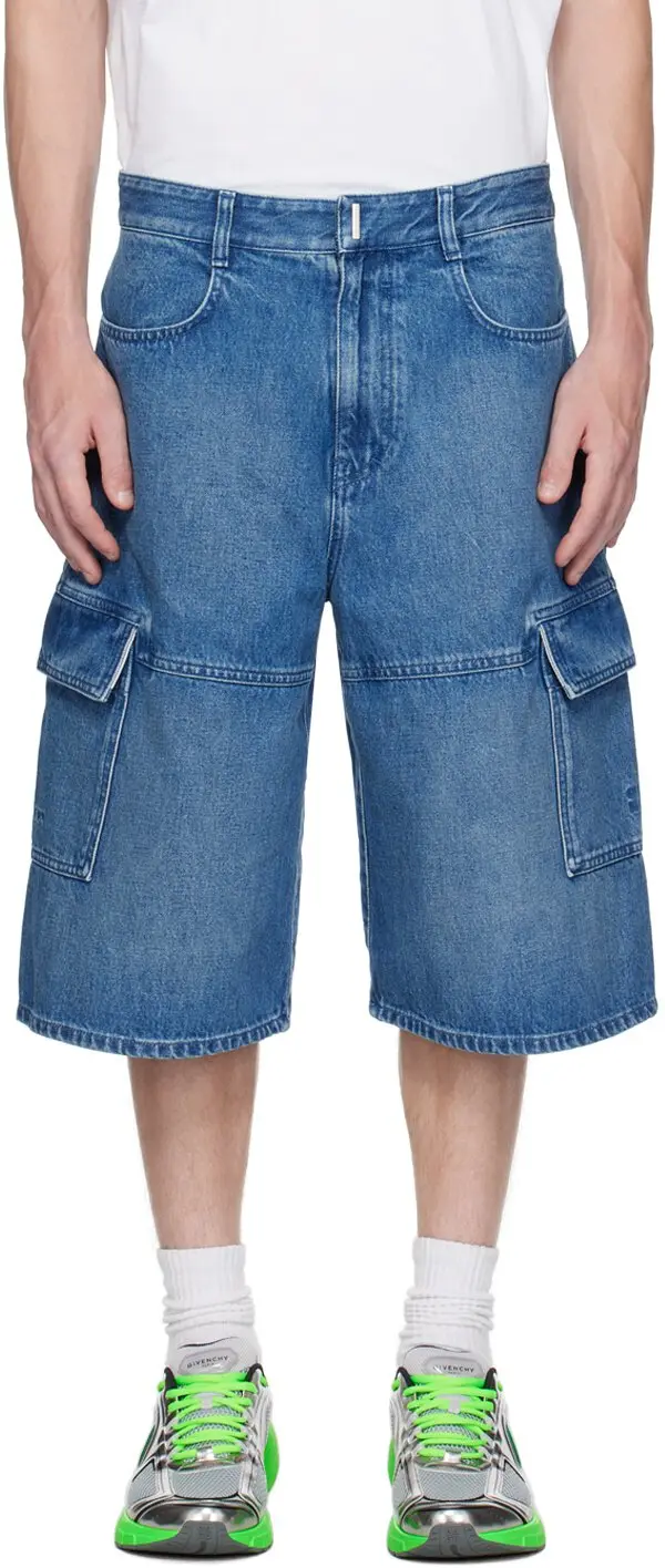 Givenchy Multicutted Denim Cargo Shorts - Medium Blue