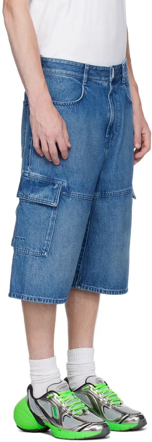 Givenchy Multicutted Denim Cargo Shorts - Medium Blue