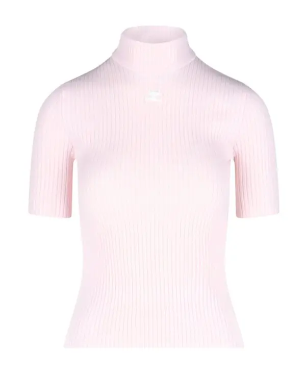COURREGES Re-edition Ribbed High Neck Short Sleeve Jumper - Pink
