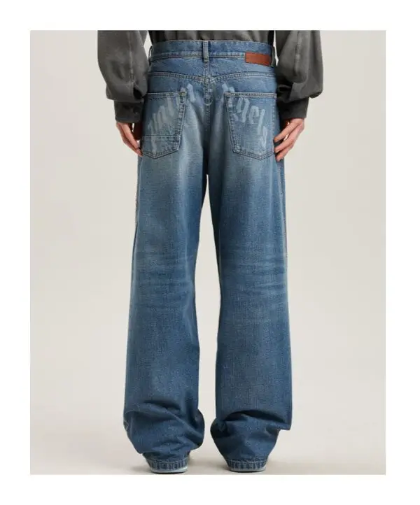 Palm Angels Lasered Curved Logo Wide-leg Jeans - Light Blue