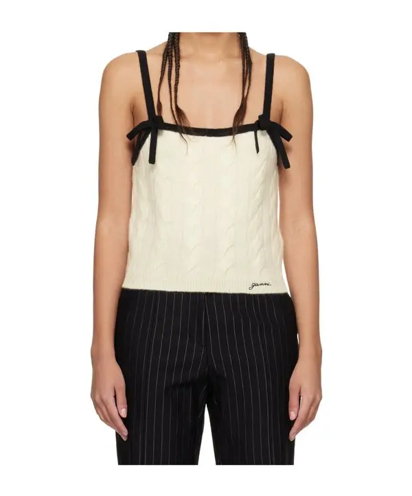 GANNI Cashmere Mix Cable Knit Top With Knot Detailing
