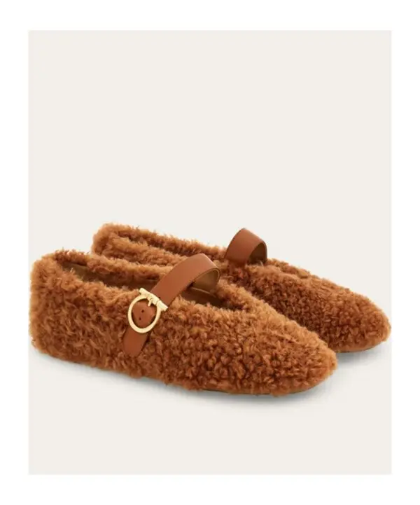 FERRAGAMO Shearling Buckled Ballet Flats - Cedar