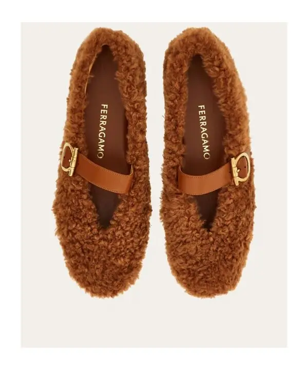 FERRAGAMO Shearling Buckled Ballet Flats - Cedar