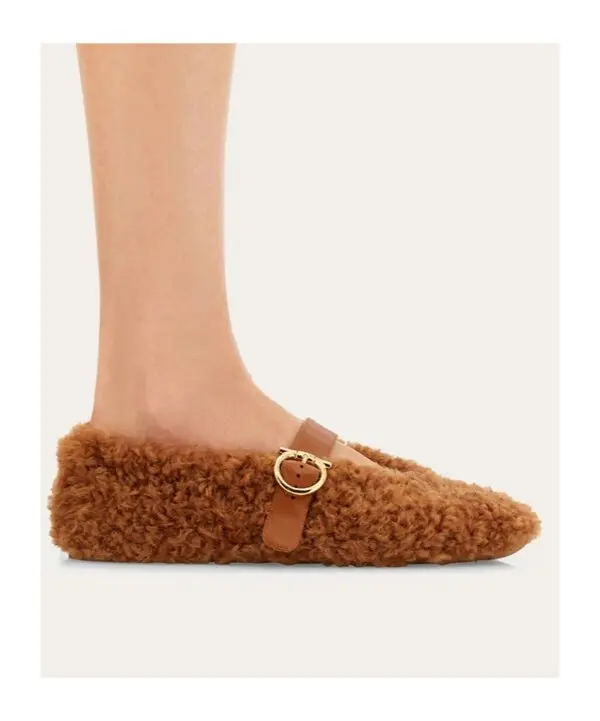 FERRAGAMO Shearling Buckled Ballet Flats - Cedar