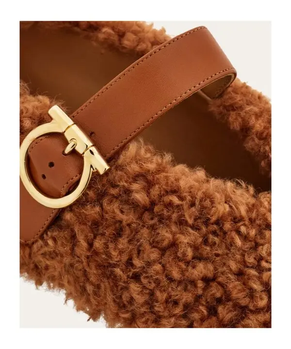 FERRAGAMO Shearling Buckled Ballet Flats - Cedar