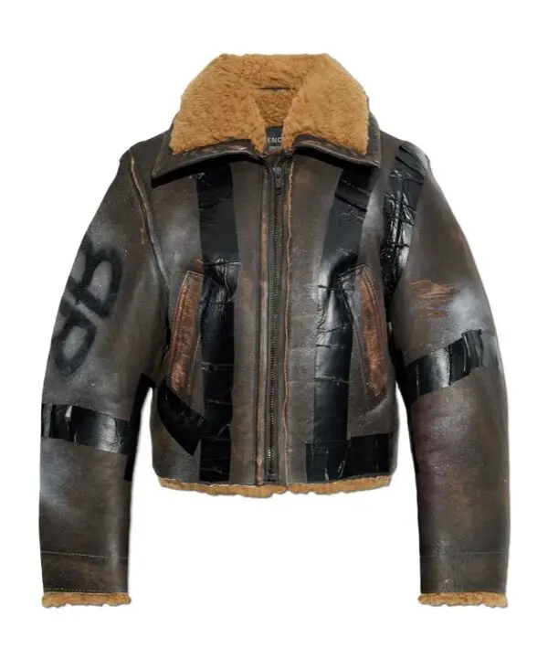 Balenciaga Distressed Zip-up Jacket With Shearling Trim - Brown