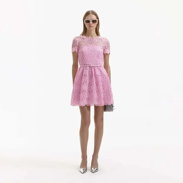 Self-Portrait Guipure-Lace Belted Mini Dress - Pink | Editorialist