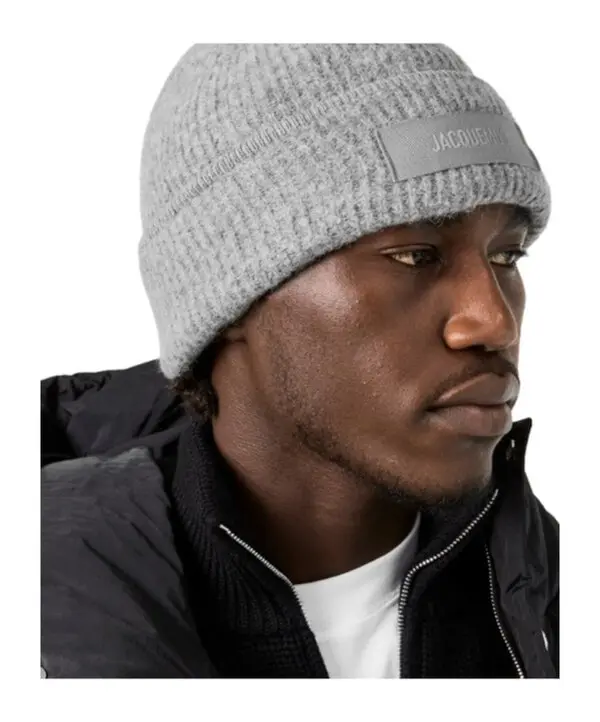 Jacquemus Gros Grain Logo Patch Beanie - Gray