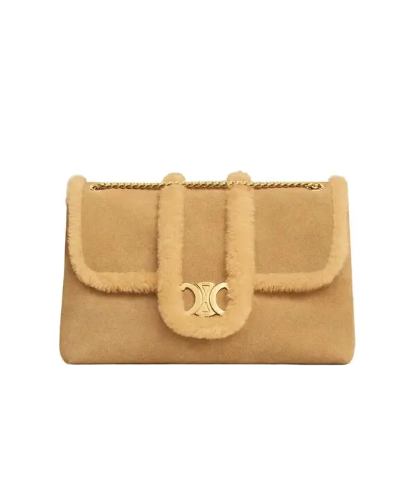 Celine Large Victoire Bag In Suede Calfskin And Shearling - Natural
